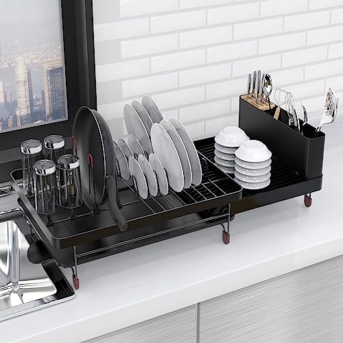 Aonee Dish Drying Rack, Extendable Dish Rack, Multifunctional Dish Rack for Kitchen Counter with Drainboard, Cutlery Holder, Knife Holder and Pot Holder