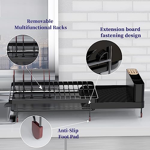 Aonee Dish Drying Rack, Extendable Dish Rack, Multifunctional Dish Rack for Kitchen Counter with Drainboard, Cutlery Holder, Knife Holder and Pot Holder