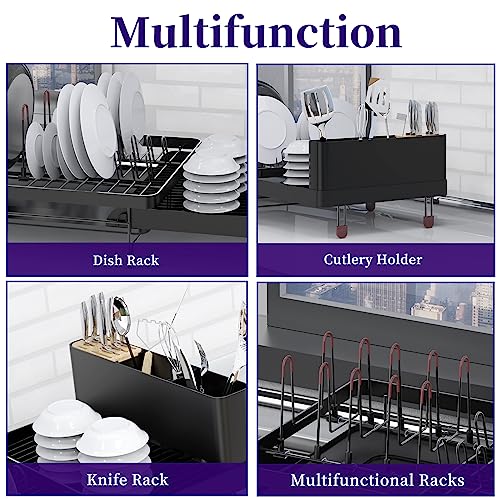 Aonee Dish Drying Rack, Extendable Dish Rack, Multifunctional Dish Rack for Kitchen Counter with Drainboard, Cutlery Holder, Knife Holder and Pot Holder