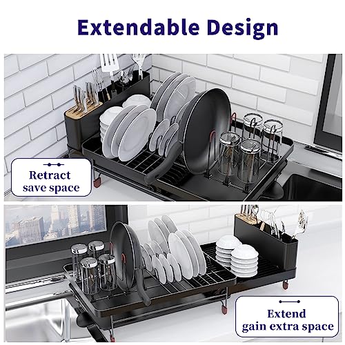 Aonee Dish Drying Rack, Extendable Dish Rack, Multifunctional Dish Rack for Kitchen Counter with Drainboard, Cutlery Holder, Knife Holder and Pot Holder