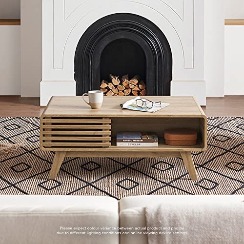 mopio Ensley Coffee Table, Mid Century Modern Coffee Table with Storage, Farmhouse Coffee Table, Wood Coffee Table, Living Room Tables, Center Table (Fluted (Oak))