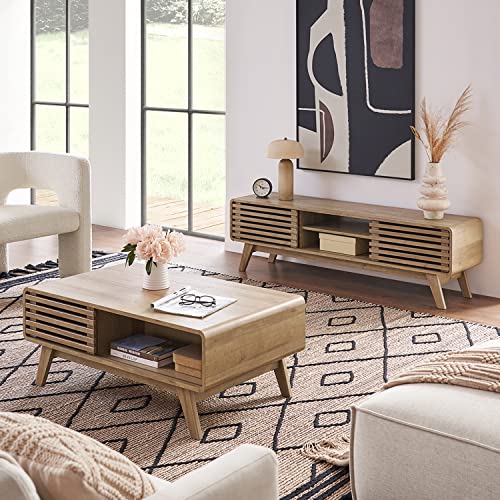 mopio Ensley Coffee Table, Mid Century Modern Coffee Table with Storage, Farmhouse Coffee Table, Wood Coffee Table, Living Room Tables, Center Table (Fluted (Oak))