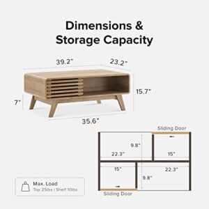 mopio Ensley Coffee Table, Mid Century Modern Coffee Table with Storage, Farmhouse Coffee Table, Wood Coffee Table, Living Room Tables, Center Table (Fluted (Oak))