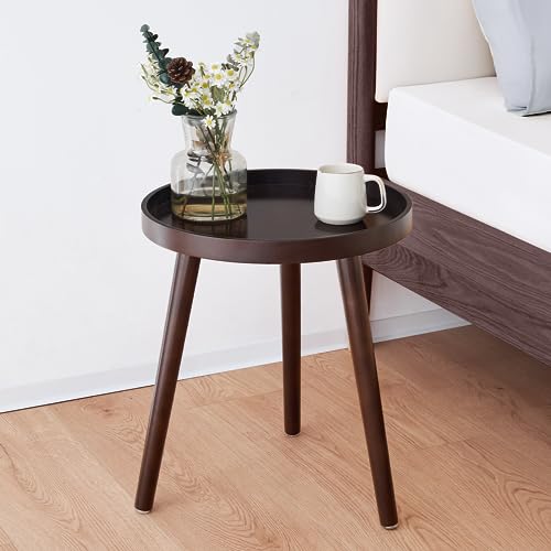 Apicizon Round Side Table, Brown Tray Nightstand Coffee End Table for Living Room, Bedroom, Small Spaces, Easy Assembly Bedside Table, 15 x 18 Inches