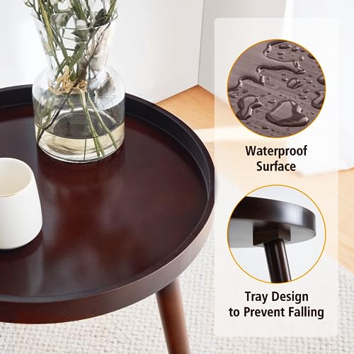 Apicizon Round Side Table, Brown Tray Nightstand Coffee End Table for Living Room, Bedroom, Small Spaces, Easy Assembly Bedside Table, 15 x 18 Inches