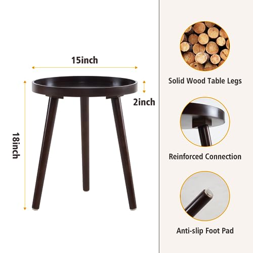 Apicizon Round Side Table, Brown Tray Nightstand Coffee End Table for Living Room, Bedroom, Small Spaces, Easy Assembly Bedside Table, 15 x 18 Inches