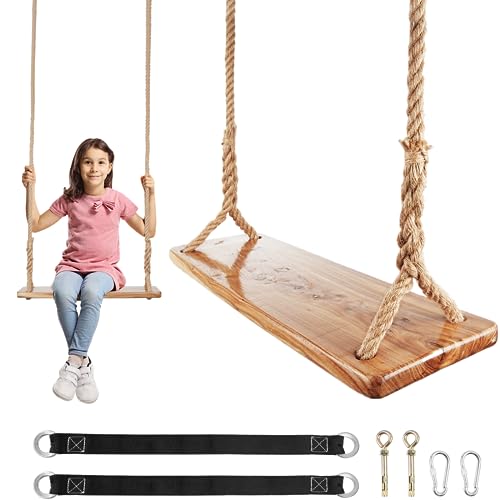 Wooden Tree Swing,Wooden Swing for Adults/Kids 500lb with Load Capacity,Adjustable Hemp Rope Plus Tree Straps 100 inch, Hanging Wooden Swing for Indoor, Outdoor, Garden,Yard,Backyard (Wooden)