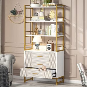 tribesigns 3-drawer bookshelf tall ladder shelf bookcase with storage, modern book cases and book shelves 4 shelf organizer, metal wood book shelving unit for bedroom, office, white & gold