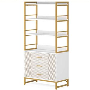 Tribesigns 3-Drawer Bookshelf Tall Ladder Shelf Bookcase with Storage, Modern Book Cases and Book Shelves 4 Shelf Organizer, Metal Wood Book Shelving Unit for Bedroom, Office, White & Gold