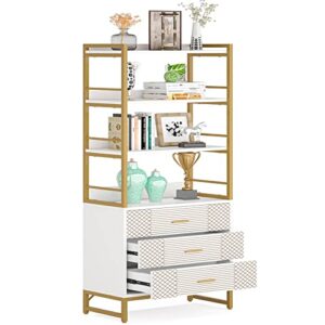 Tribesigns 3-Drawer Bookshelf Tall Ladder Shelf Bookcase with Storage, Modern Book Cases and Book Shelves 4 Shelf Organizer, Metal Wood Book Shelving Unit for Bedroom, Office, White & Gold