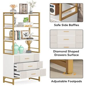 Tribesigns 3-Drawer Bookshelf Tall Ladder Shelf Bookcase with Storage, Modern Book Cases and Book Shelves 4 Shelf Organizer, Metal Wood Book Shelving Unit for Bedroom, Office, White & Gold