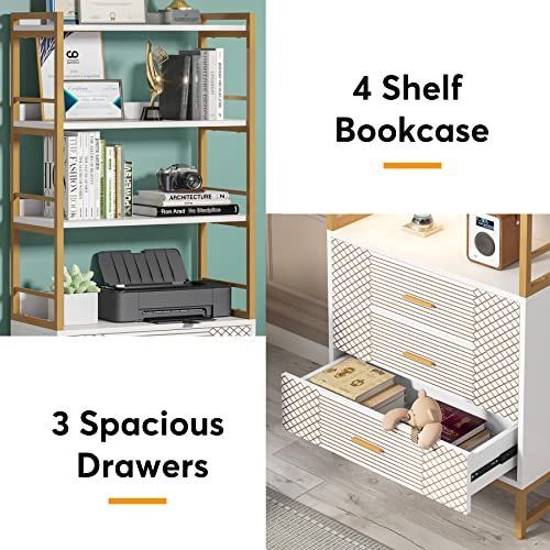 Tribesigns 3-Drawer Bookshelf Tall Ladder Shelf Bookcase with Storage, Modern Book Cases and Book Shelves 4 Shelf Organizer, Metal Wood Book Shelving Unit for Bedroom, Office, White & Gold