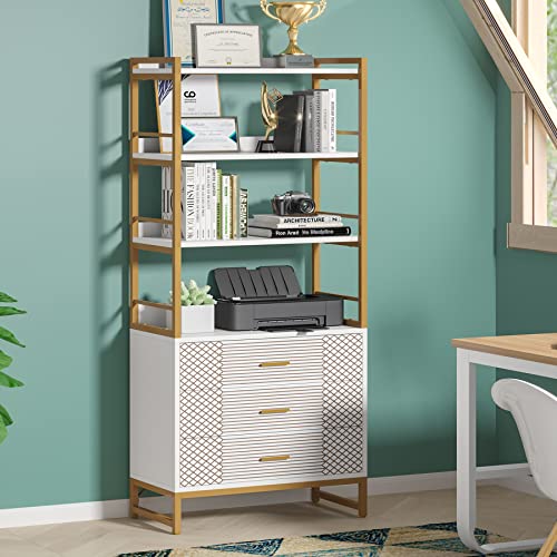 Tribesigns 3-Drawer Bookshelf Tall Ladder Shelf Bookcase with Storage, Modern Book Cases and Book Shelves 4 Shelf Organizer, Metal Wood Book Shelving Unit for Bedroom, Office, White & Gold