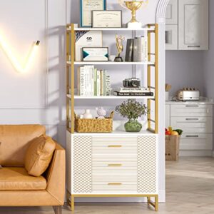 Tribesigns 3-Drawer Bookshelf Tall Ladder Shelf Bookcase with Storage, Modern Book Cases and Book Shelves 4 Shelf Organizer, Metal Wood Book Shelving Unit for Bedroom, Office, White & Gold