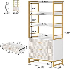 Tribesigns 3-Drawer Bookshelf Tall Ladder Shelf Bookcase with Storage, Modern Book Cases and Book Shelves 4 Shelf Organizer, Metal Wood Book Shelving Unit for Bedroom, Office, White & Gold