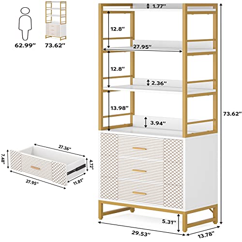 Tribesigns 3-Drawer Bookshelf Tall Ladder Shelf Bookcase with Storage, Modern Book Cases and Book Shelves 4 Shelf Organizer, Metal Wood Book Shelving Unit for Bedroom, Office, White & Gold