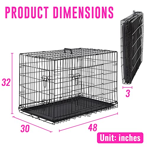 FDW Dog Crate Dog Cage Pet Crate for Large Dogs Folding Metal Pet Cage Double Door W/Divider Panel Indoor Outdoor Dog Kennel Leak-Proof Plastic Tray Wire Animal Cage (Black, 48 Inch)