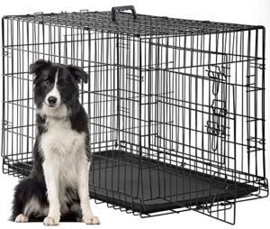 fdw dog crate dog cage pet crate for large dogs folding metal pet cage double door w/divider panel indoor outdoor dog kennel leak-proof plastic tray wire animal cage (black, 48 inch)