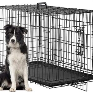 FDW Dog Crate Dog Cage Pet Crate for Large Dogs Folding Metal Pet Cage Double Door W/Divider Panel Indoor Outdoor Dog Kennel Leak-Proof Plastic Tray Wire Animal Cage (Black, 48 Inch)