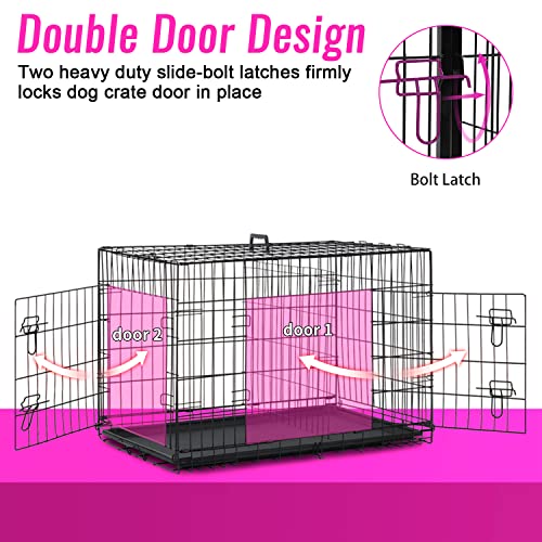 FDW Dog Crate Dog Cage Pet Crate for Large Dogs Folding Metal Pet Cage Double Door W/Divider Panel Indoor Outdoor Dog Kennel Leak-Proof Plastic Tray Wire Animal Cage (Black, 48 Inch)