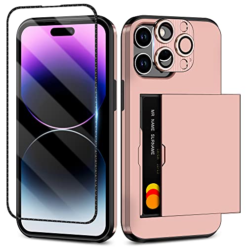 SAMONPOW 4-in-1 iPhone 14 Pro Max Case with Screen Protector & Camera Cover Hybrid iPhone 14 Pro Max Case Wallet Card Holder Shockproof Protective Case for iPhone 14 Pro Max Case - Rose Gold