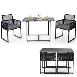 tangkula 3 pieces outdoor dining set, patio pe rattan furniture set with folding backrest, cozy seat cushions, tempered glass tabletop, space-saving rattan chair table set for backyard, poolside