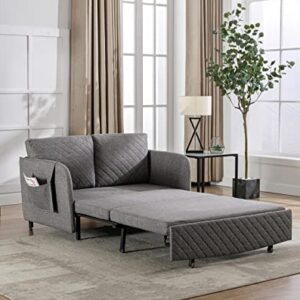 Pull Out Futon Sofa Bed, Convertible Small Loveseat Sleeper with Storage Drawer, 3 in 1 Futon Couch with Removable Pocket and 2 Pillows, Modern Love Seat for Living Room, Guest Room, Deep Grey