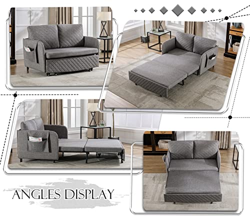 Pull Out Futon Sofa Bed, Convertible Small Loveseat Sleeper with Storage Drawer, 3 in 1 Futon Couch with Removable Pocket and 2 Pillows, Modern Love Seat for Living Room, Guest Room, Deep Grey