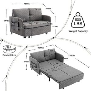 Pull Out Futon Sofa Bed, Convertible Small Loveseat Sleeper with Storage Drawer, 3 in 1 Futon Couch with Removable Pocket and 2 Pillows, Modern Love Seat for Living Room, Guest Room, Deep Grey