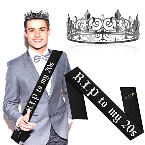 SMAODSGN 2 Pieces 30th Birthday Sash and Crown for Men Rip 20s Birthday Decorations Happy 30th Birthday Decorations for Men Birthday King Crown for Men Adult Silver