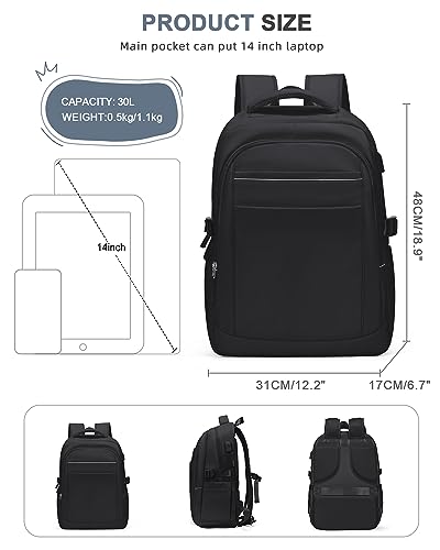 Travel Laptop Carry on Backpack for Women Men, Airline Flight Approved Waterproof 14 Inch Laptop Backpack, Casual Daypack College Personal item Bag Rucksack with USB Charging Port for Business, Black