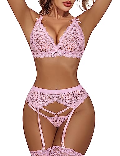 Avidlove Plus Size Lingerie Set for Women Sexy Lace Bralette Bra and Panty with Garter Belt Light Pink