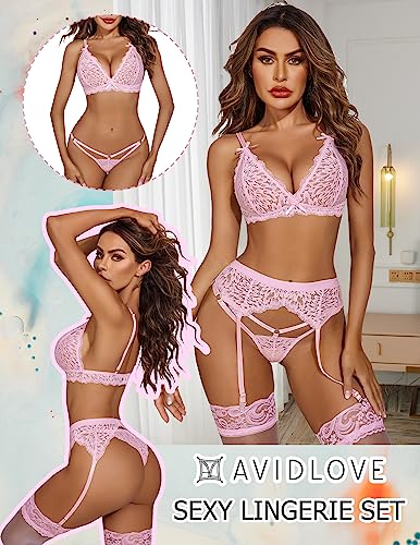 Avidlove Plus Size Lingerie Set for Women Sexy Lace Bralette Bra and Panty with Garter Belt Light Pink