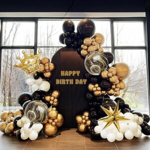 Black and Gold white balloon garland arch kit 136Pcs with Starburst crown 4D Agate balloons for birthday anniversary graduation prom party decorations