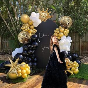 Black and Gold white balloon garland arch kit 136Pcs with Starburst crown 4D Agate balloons for birthday anniversary graduation prom party decorations