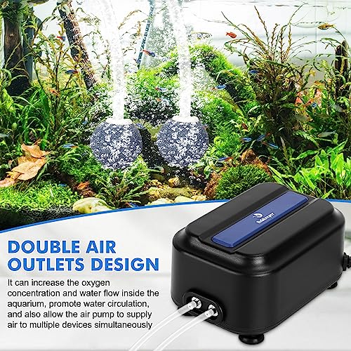 fishkeeper Aquarium Air Pump, 5W Dual Outlet Adjustable Fish Tank Aerator, 65GPH Quiet Oxygen Bubbler with Air Stone/Tubing/Check Valve/Connector for Fish Tank up to 100 Gallon