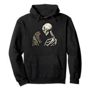 Skeleton Holding Cat Funny Halloween Skull Men Women Kids Pullover Hoodie