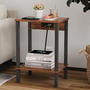 VIMBER Beside Table with Charging Station, Narrow Side Table with USB Ports and Outlets, Nightstands with 2-Tier Storage Shelves, End Table for Small Space Living Room Bedroom