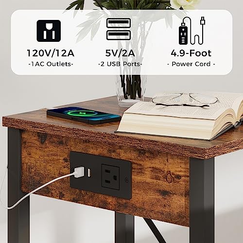 VIMBER Beside Table with Charging Station, Narrow Side Table with USB Ports and Outlets, Nightstands with 2-Tier Storage Shelves, End Table for Small Space Living Room Bedroom