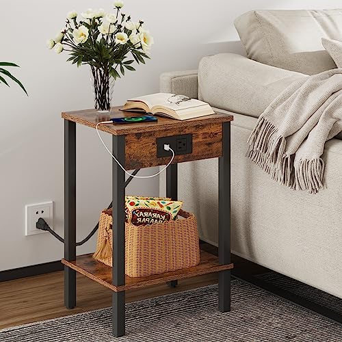 VIMBER Beside Table with Charging Station, Narrow Side Table with USB Ports and Outlets, Nightstands with 2-Tier Storage Shelves, End Table for Small Space Living Room Bedroom