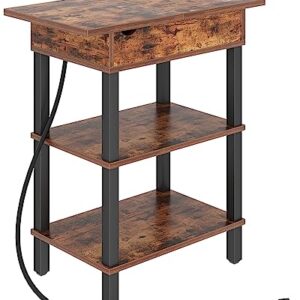 VIMBER End Table with Charging Station, Narrow Side Table with USB Ports and Outlets, Flip Top Bedside Table/Nightstand/Sofa Couch Table for Small Spaces, Living Room, Bedroom, Rustic Brown