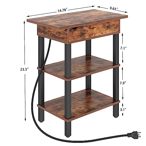 VIMBER End Table with Charging Station, Narrow Side Table with USB Ports and Outlets, Flip Top Bedside Table/Nightstand/Sofa Couch Table for Small Spaces, Living Room, Bedroom, Rustic Brown