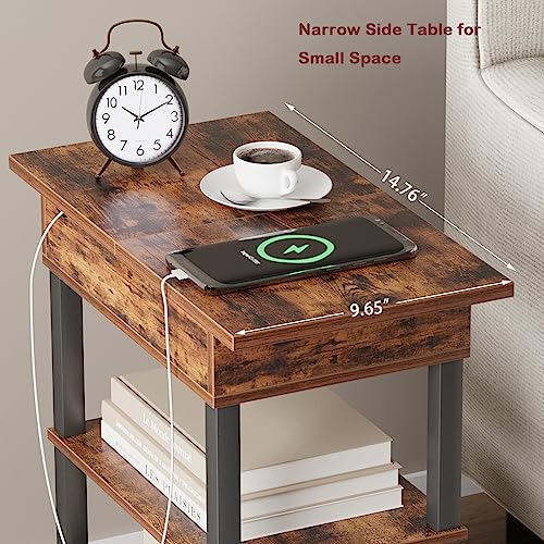 VIMBER End Table with Charging Station, Narrow Side Table with USB Ports and Outlets, Flip Top Bedside Table/Nightstand/Sofa Couch Table for Small Spaces, Living Room, Bedroom, Rustic Brown