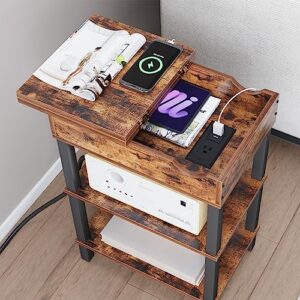 VIMBER End Table with Charging Station, Narrow Side Table with USB Ports and Outlets, Flip Top Bedside Table/Nightstand/Sofa Couch Table for Small Spaces, Living Room, Bedroom, Rustic Brown