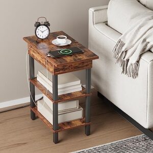 VIMBER End Table with Charging Station, Narrow Side Table with USB Ports and Outlets, Flip Top Bedside Table/Nightstand/Sofa Couch Table for Small Spaces, Living Room, Bedroom, Rustic Brown