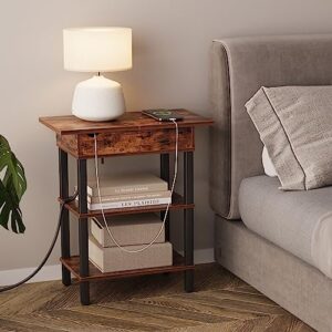 VIMBER End Table with Charging Station, Narrow Side Table with USB Ports and Outlets, Flip Top Bedside Table/Nightstand/Sofa Couch Table for Small Spaces, Living Room, Bedroom, Rustic Brown