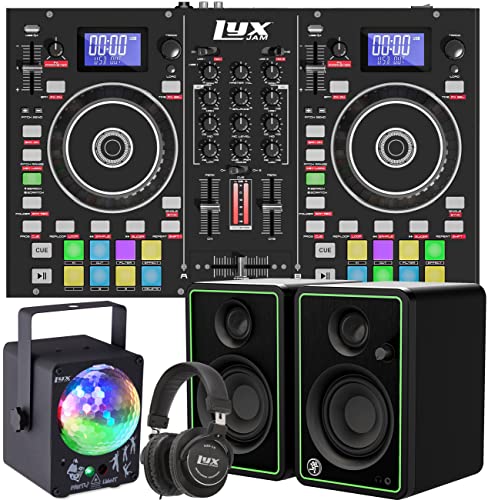 LyxJam 2-Deck DJ Controller, Mixing Console with LCD Display, with FREE Download for Virtual DJ LE, with CR3-X 50 watts Multimedia Monitors, Sound Activated DJ Light & Professional DJ Headphones