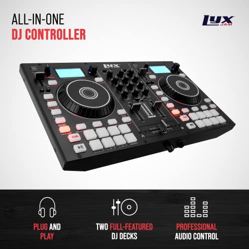 LyxJam 2-Deck DJ Controller, Mixing Console with LCD Display, with FREE Download for Virtual DJ LE, with CR3-X 50 watts Multimedia Monitors, Sound Activated DJ Light & Professional DJ Headphones