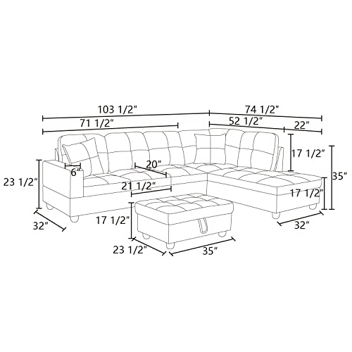 Ponliving Furniture Modern L-Shaped Leather Sectional Sofa (White, Right Hand Facing)