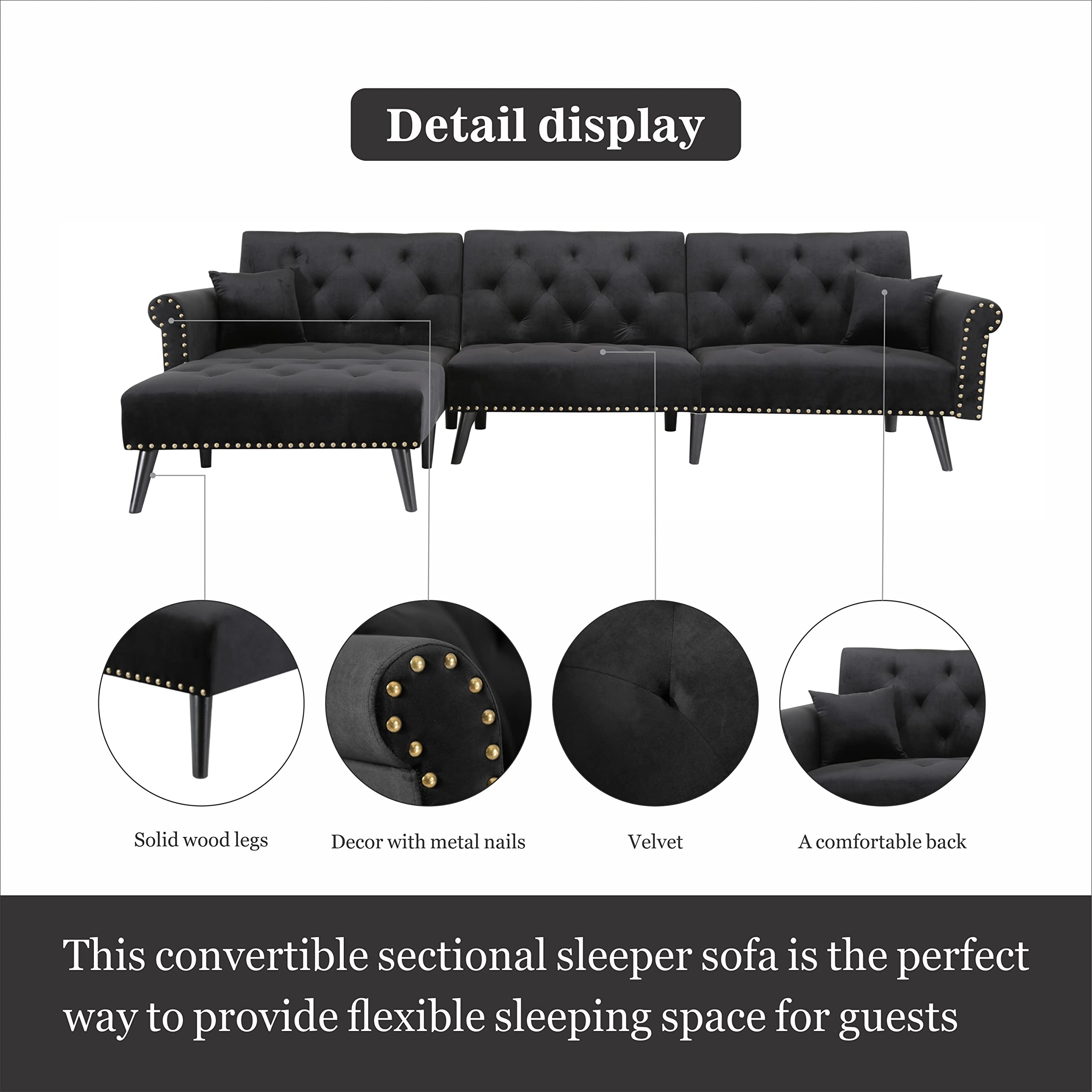 LCH Velvet Convertible Sleeper Sectional Sofa Bed,Reversible L Shaped Button Tufted Couch Furniture Set with Chaise Lounge 2 Pillows for Living Room, Black